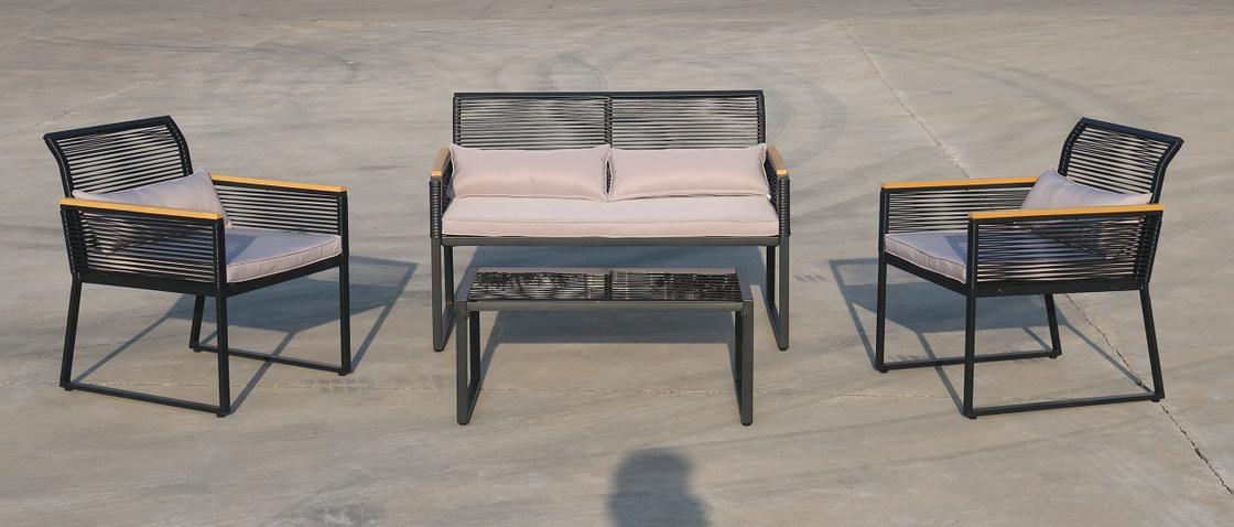 Steel Frame PE Round Rattan String Sofa Coffee Table 4 Set For Garden